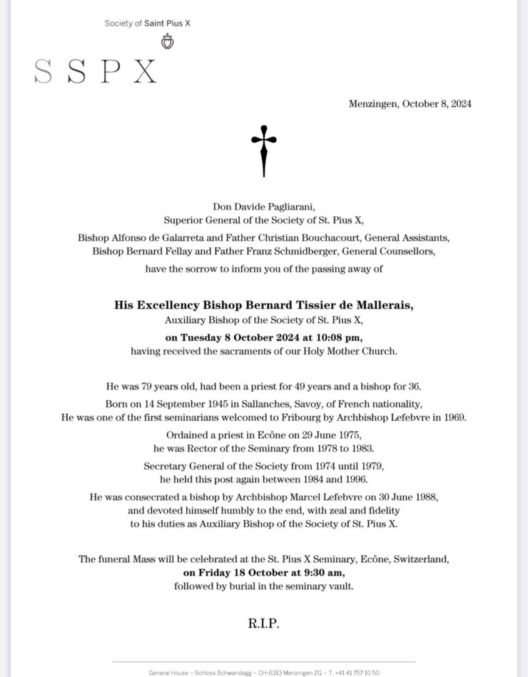Bishop Tissier de Mallerais passes away at 79 - Catholic Family News
